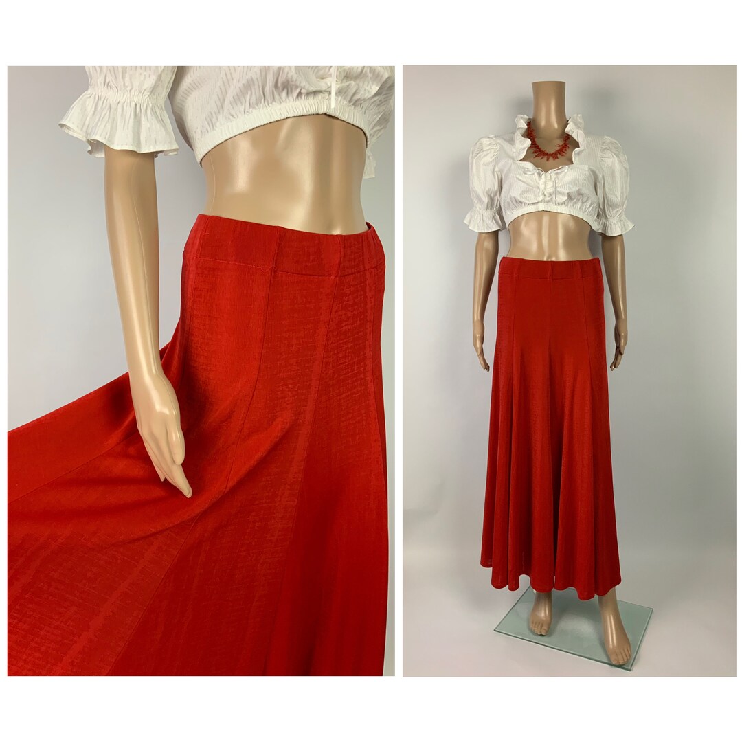 Vintage Long Vibrant Red Flowy Maxi Skirt Stretchy Waist Size S M - Etsy
