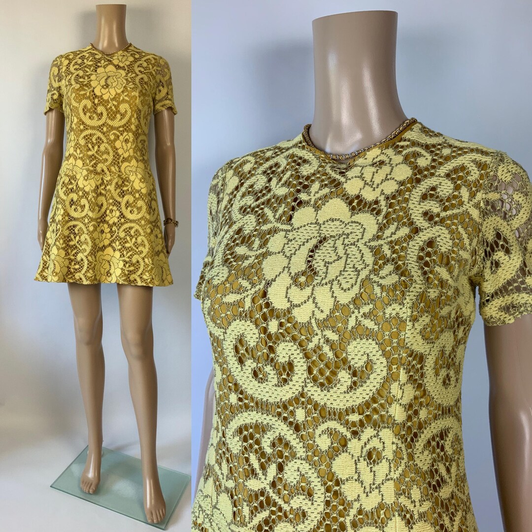 60s Floral Lace Cocktail Mini Dress / Vintage Sixties Yellow Mod Gown ...
