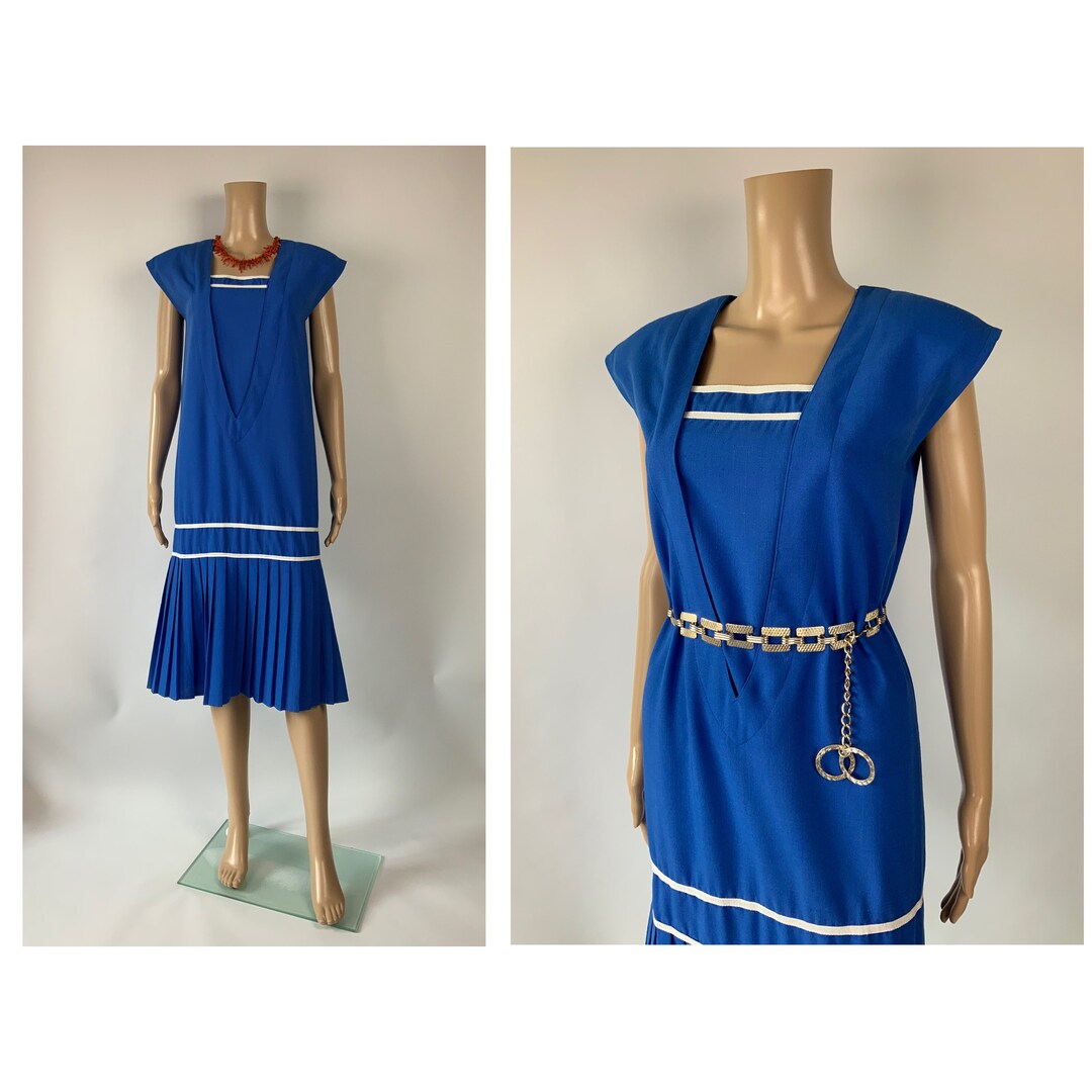 Vintage 1980's Boxy Shoulders Blue Nautical Dress Flapper Style Drop ...
