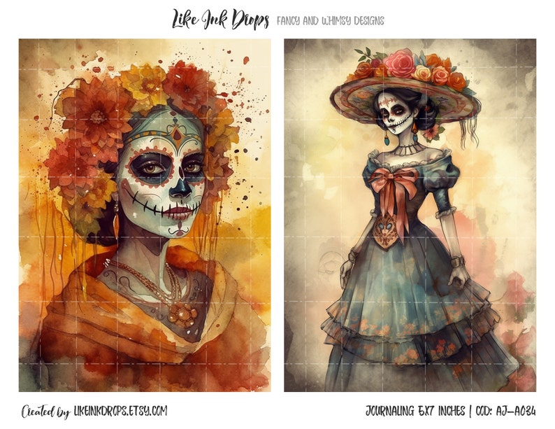 La Catrina Junk Journal Cards: Dia De Los Muertos Watercolor Collection ...