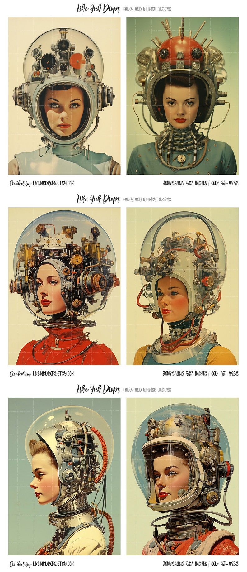 Retro Futuristic Portraits, Digital Prints: 1950s Style Illustrations ...