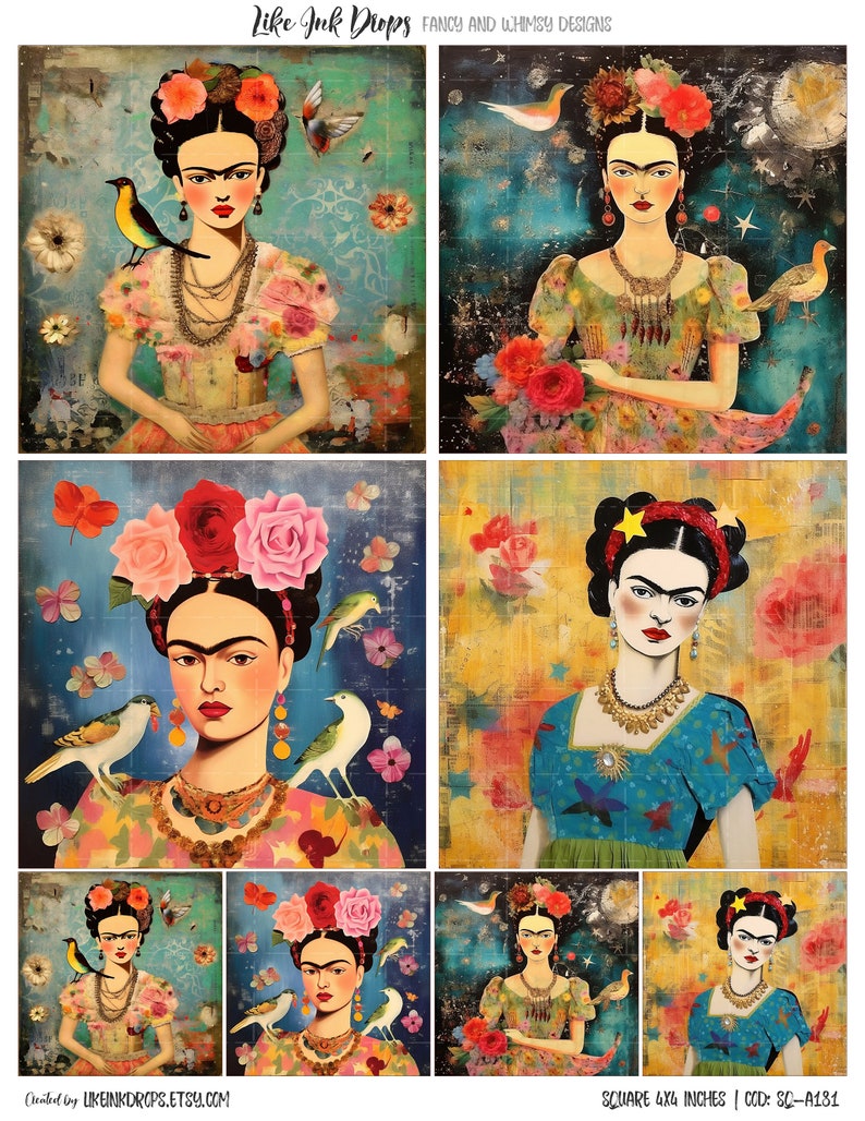 Frida Kahlo Whimsical Square Cards: 20 Printable Digital Collage With ...