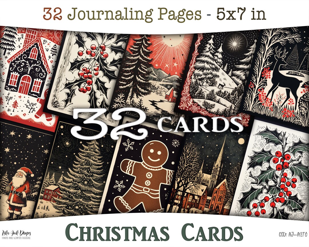 Christmas Cards, Digital Prints in Woodcut Style: Printables With Santa ...