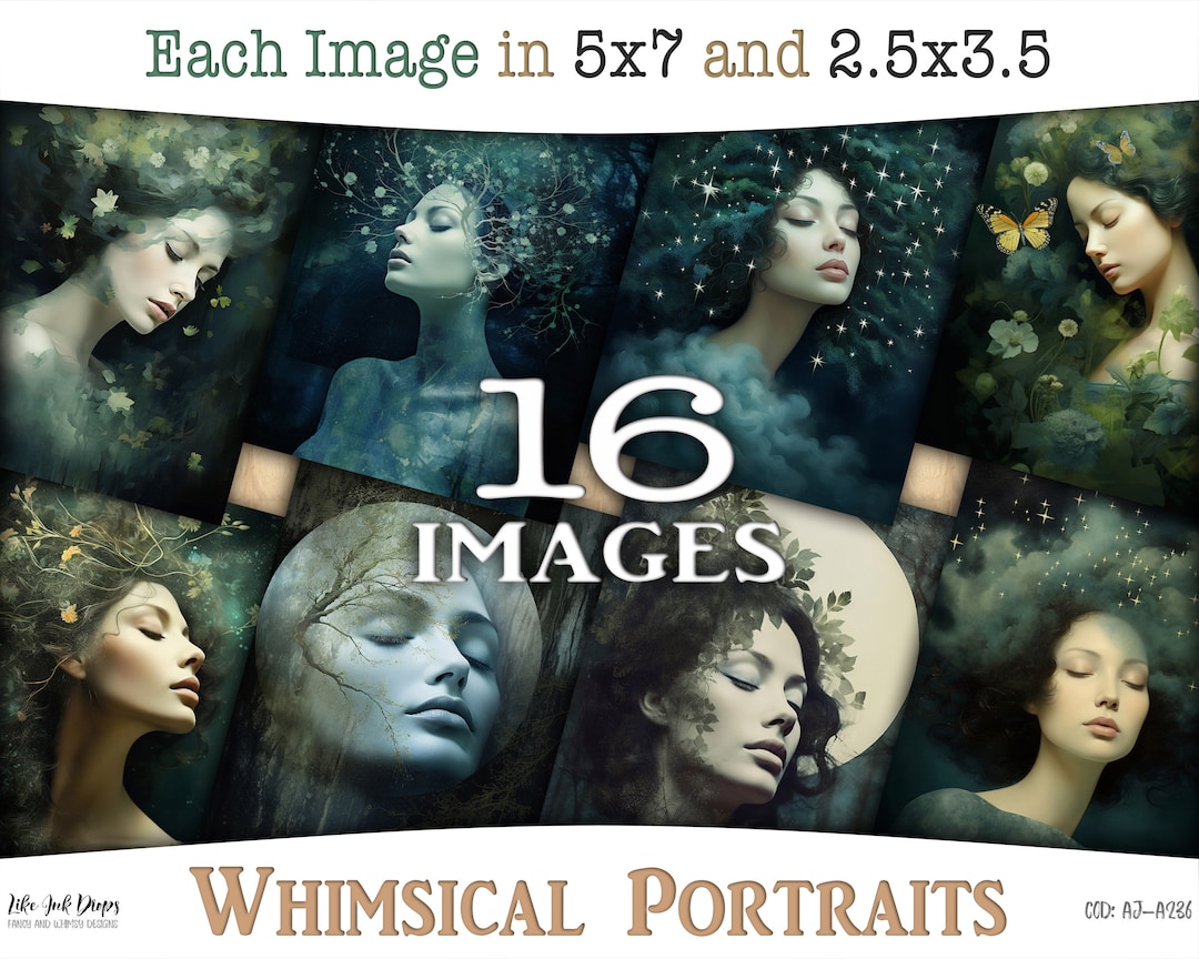 Printable Whimsical Lady Portraits Junk Journal Cards: Surreal Dreamy ...