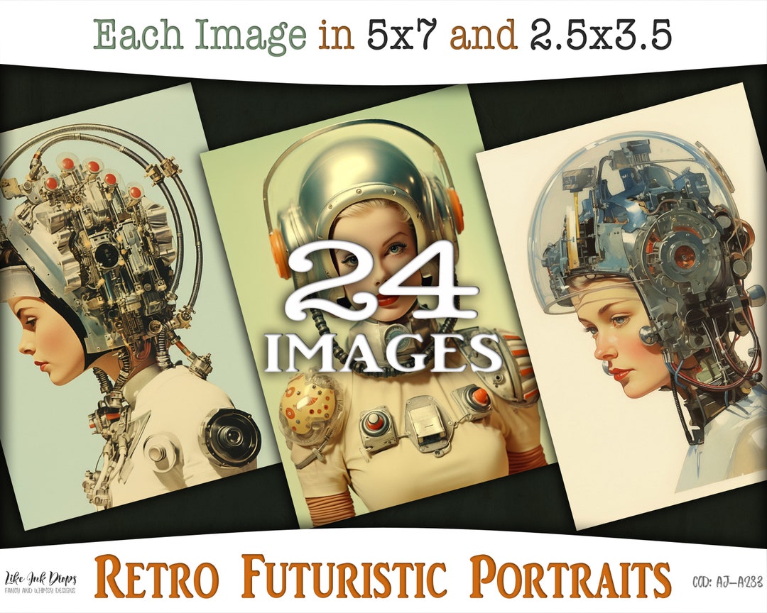 Retro Futuristic Portraits, Digital Prints: 1950s Style Illustrations With Women, Space Suits ...