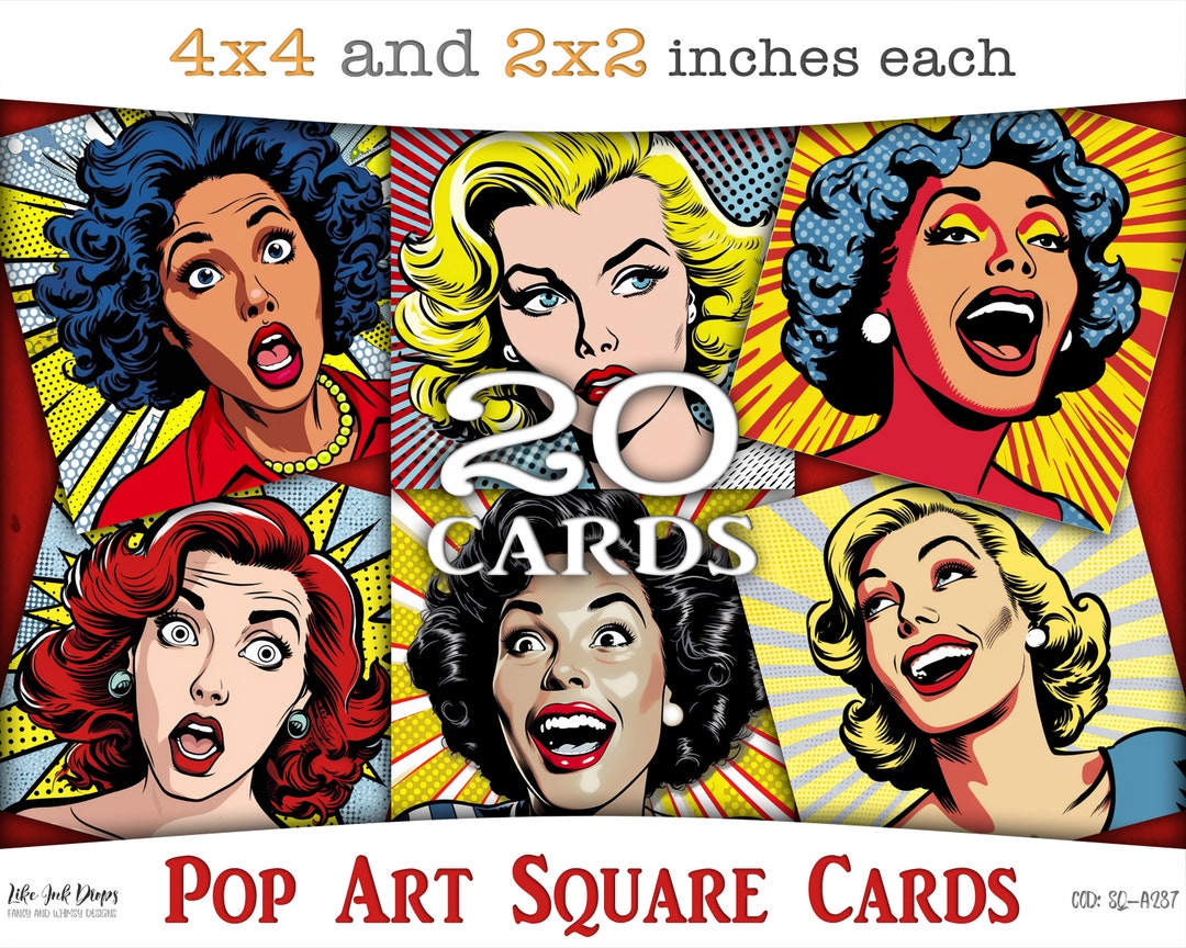 Pop Art Digital Prints: Vintage Comics Square Cards With 1950s Style ...