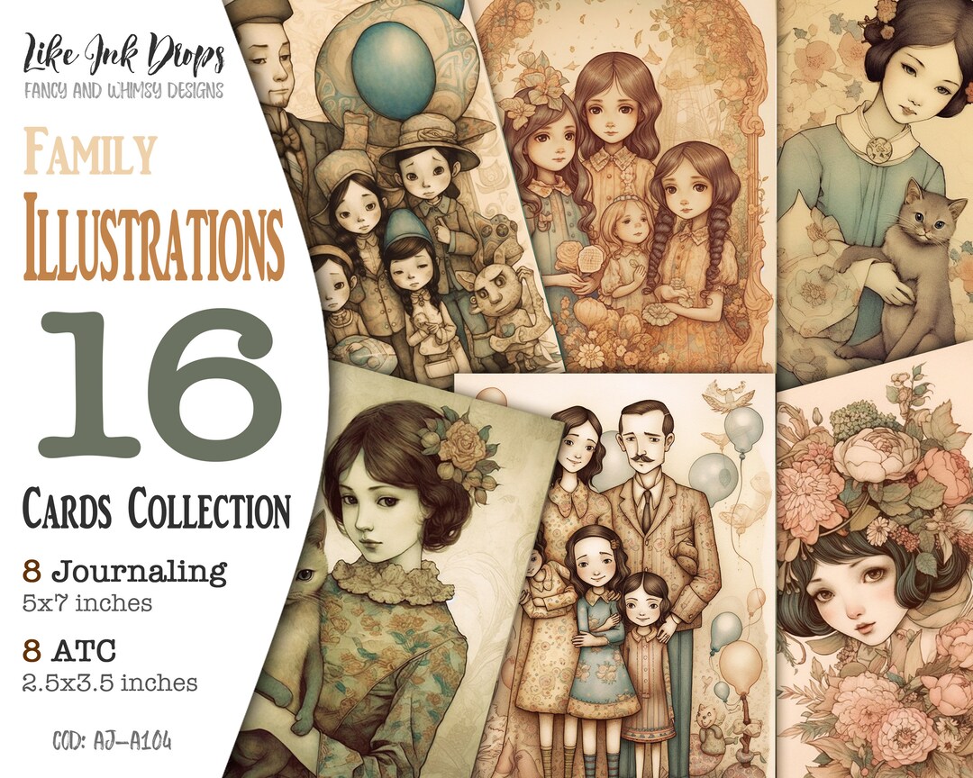 Family Illustrations Junk Journal Cards Collection: Digital Soft Color ...