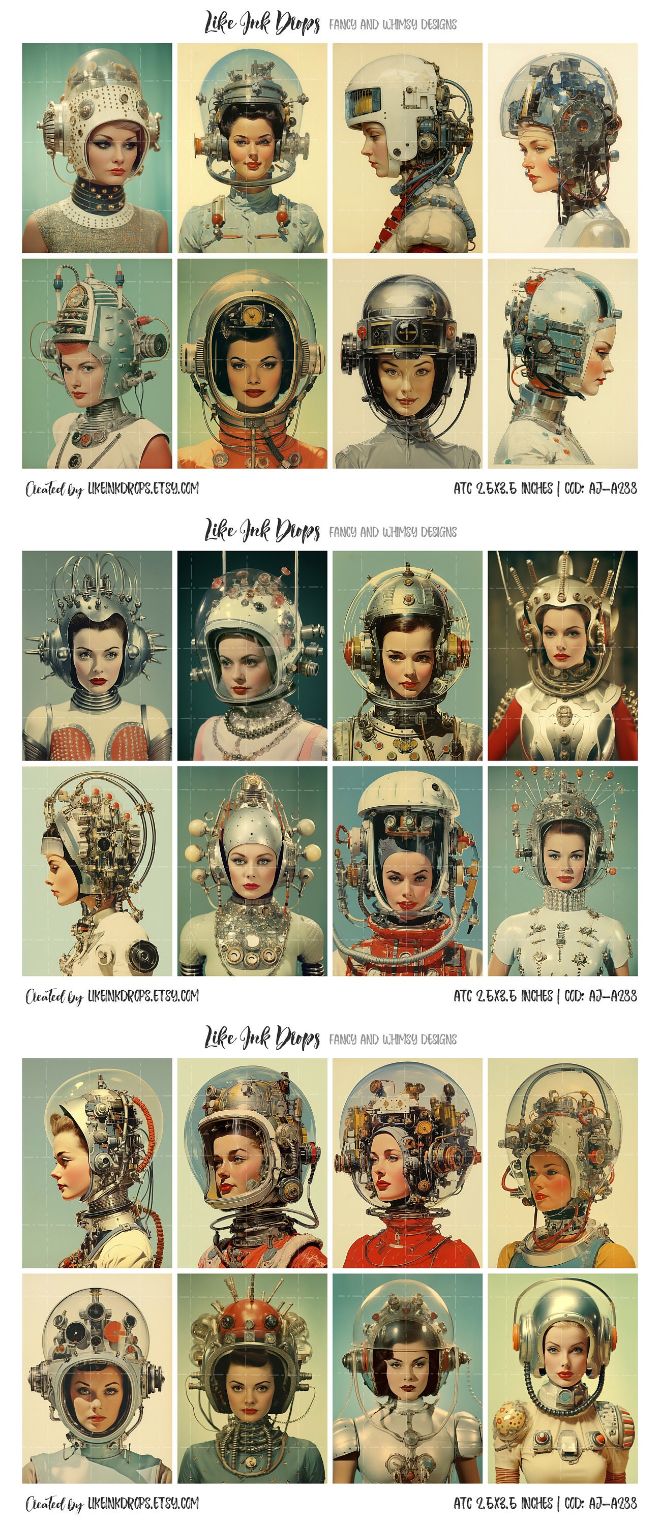 Retro Futuristic Portraits, Digital Prints: 1950s Style Illustrations ...