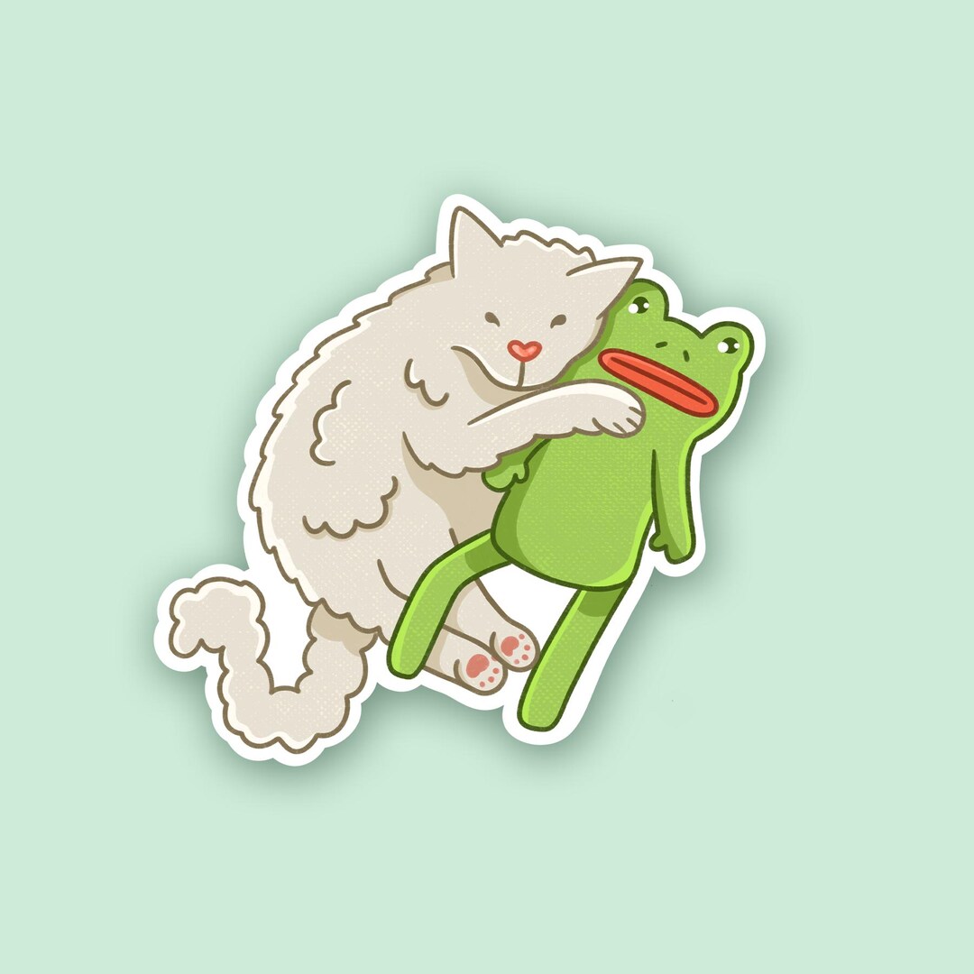 Cat Hugging Frog Plushie Sticker, Cute Sticker, Cat, Waterproof Sticker ...