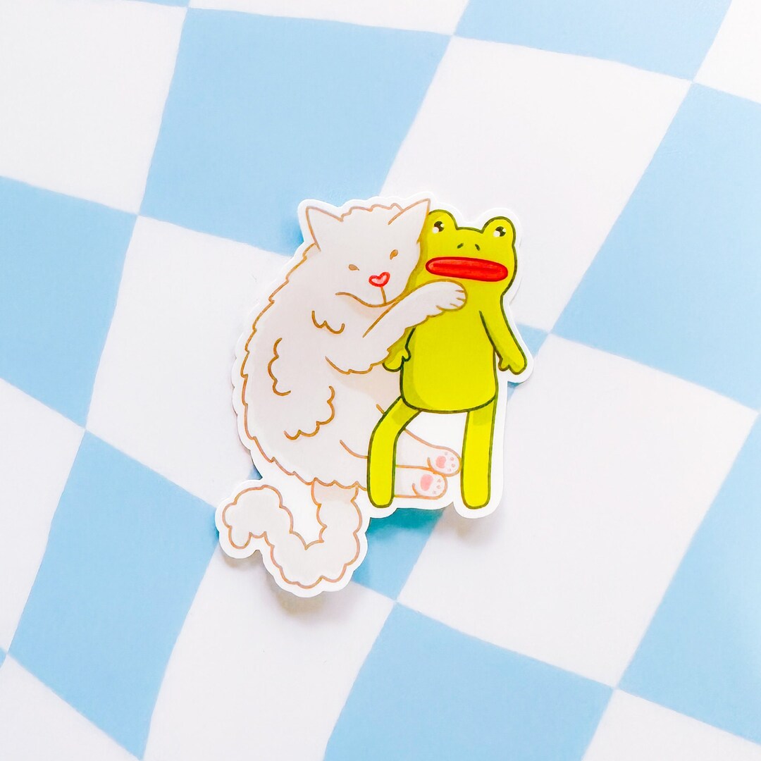 Cat Hugging Frog Plushie Sticker, Cute Sticker, Cat, Waterproof Sticker ...