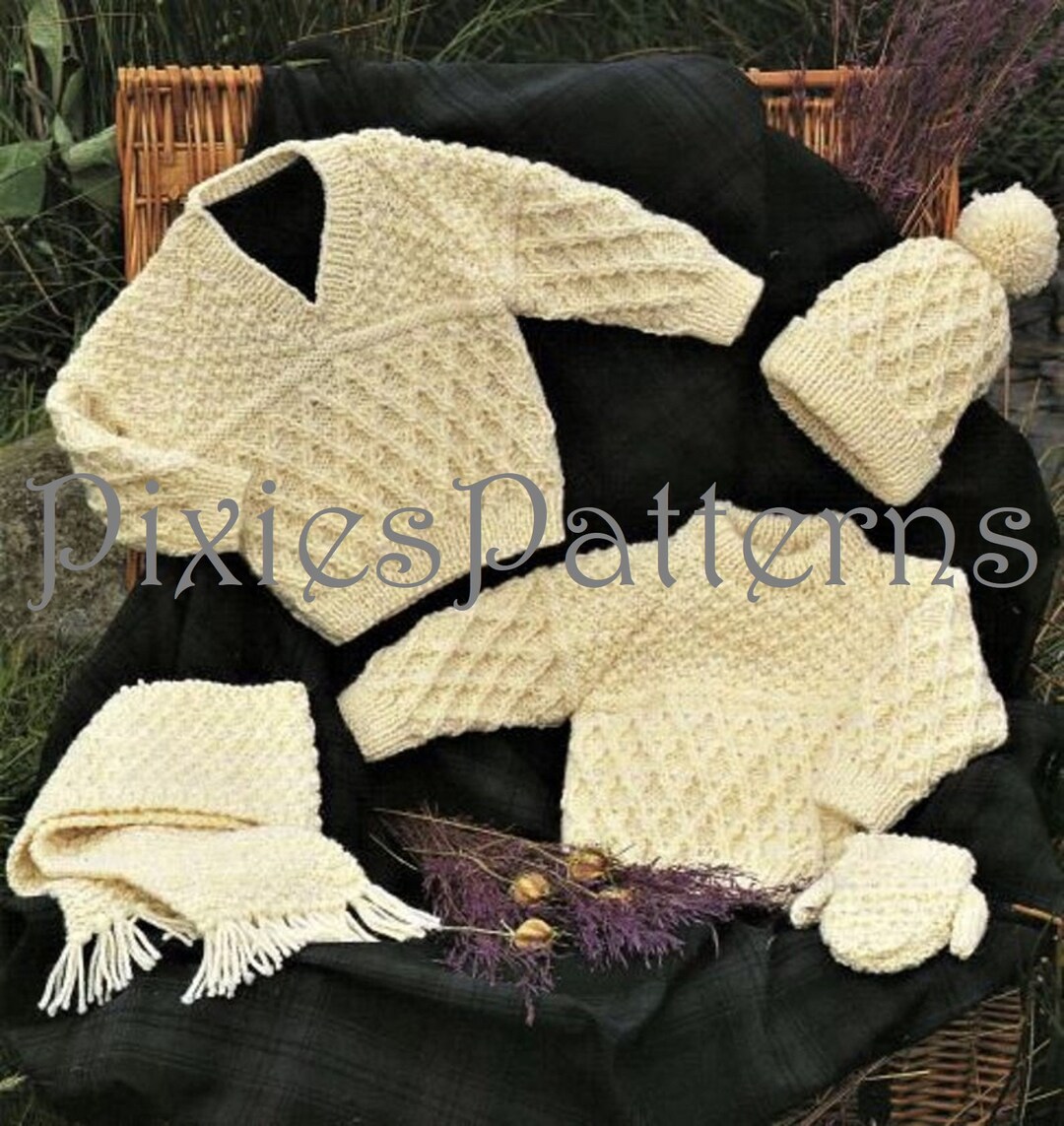 Child's boy or Girl Aran Jumpers, Hat, Scarf, Mitts Knitting Pattern ...