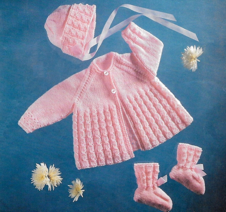 Baby's Pretty Matinee Jacket Bonnet and Bootees Knitting - Etsy