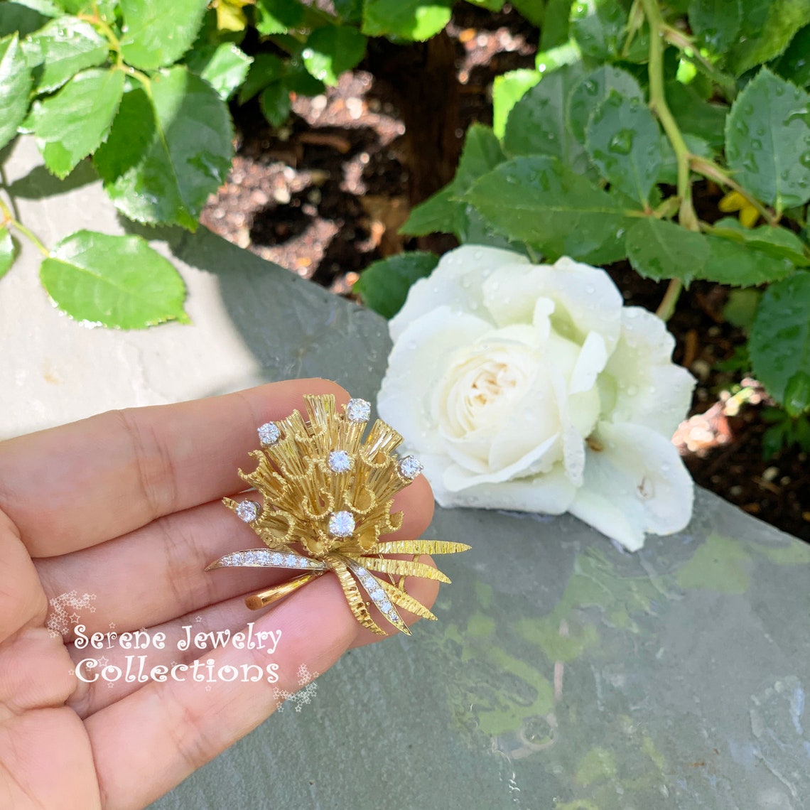Diamond 18k Yellow Gold Flower Bouquet Brooch Vintage - Etsy