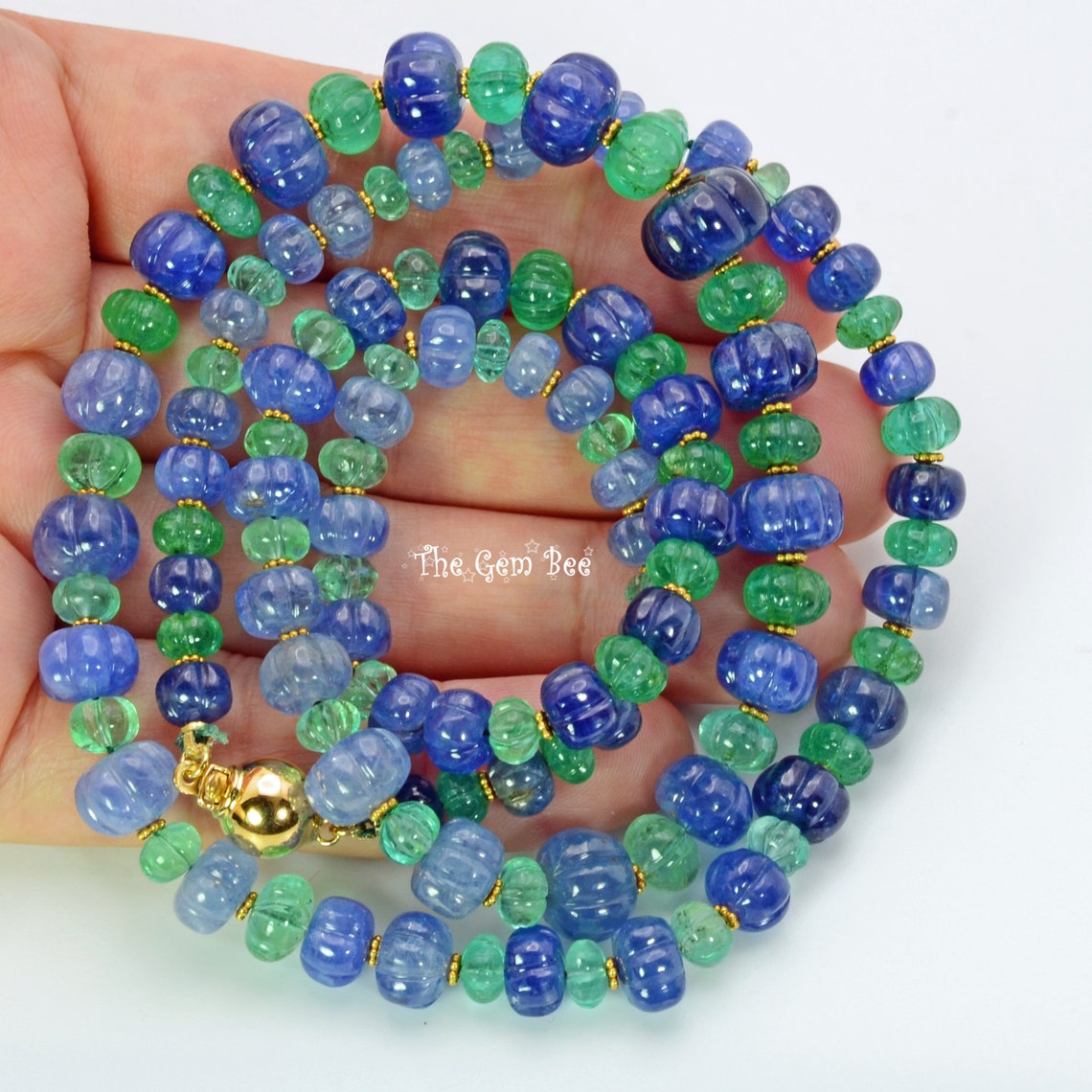 263CT Colombian Emerald Burmese Blue Sapphire Melon Fluted Bead ...