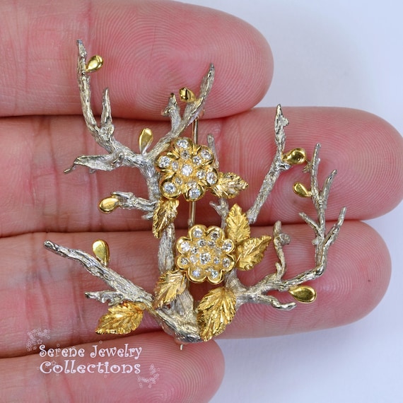 SATSKY Diamond 18k Solid Gold Flowers Branch Brooch V… - Gem