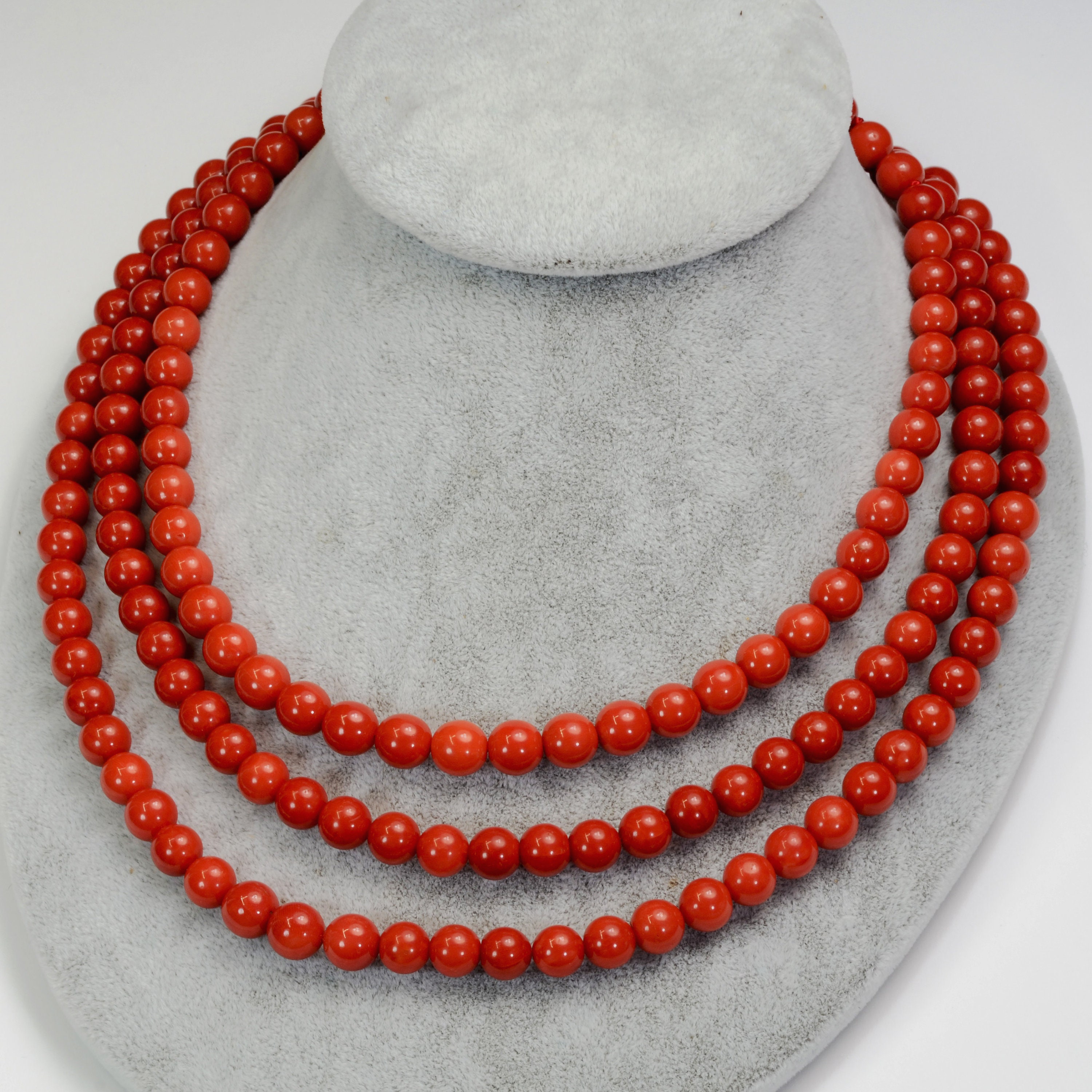 8MM Sardinia Coral Round Bead 14k Solid Gold Multi-strand Necklace ...