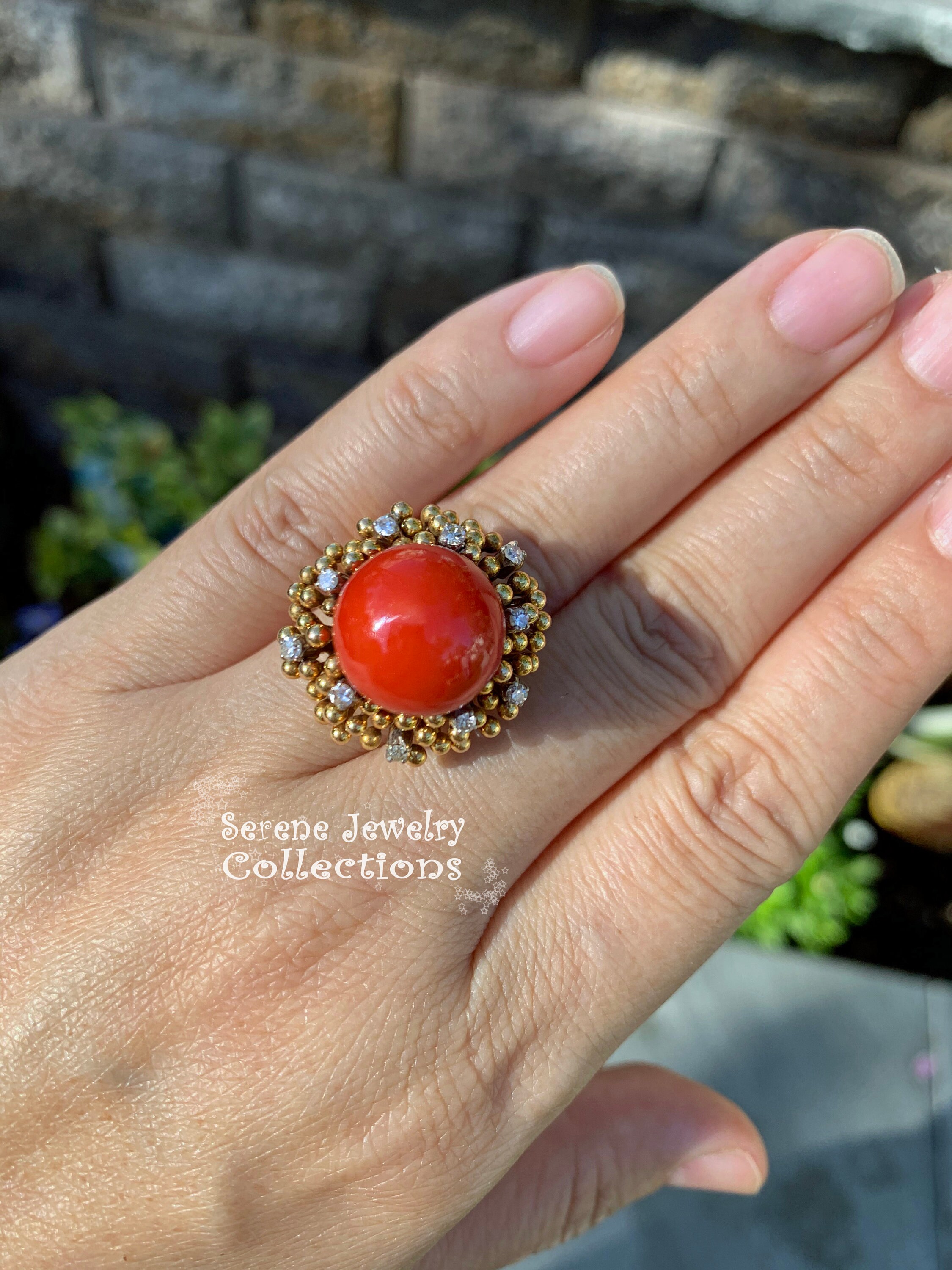Red Coral Diamond 18k Solid Gold Ring Vintage Ring Size 5 - Etsy