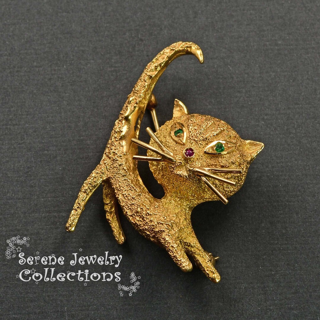Italian Emerald Ruby 18k Yellow Gold Cat Brooch Vintage - Etsy