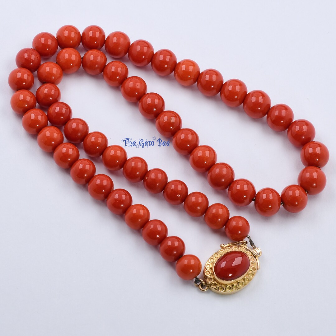 Rare 8.1MM-9MM Sardinia Coral Round Bead 18k Solid Gold Necklace 17 ...