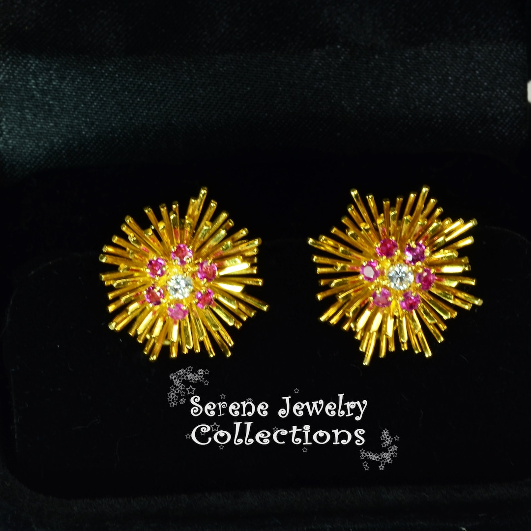 Tiffany & Co Ruby Diamond 18k Yellow Gold Earrings Vintage - Etsy