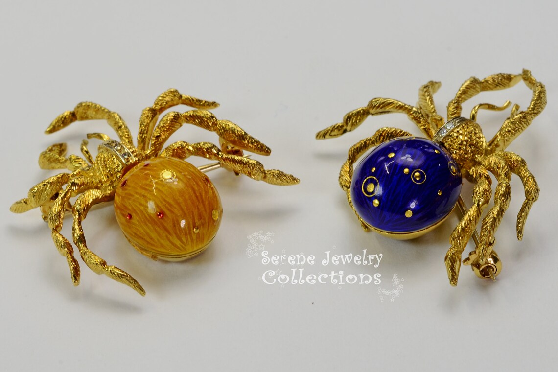 Diamond 18k Solid Gold Blue and Yellow Enamel Spider Brooches Vintage ...