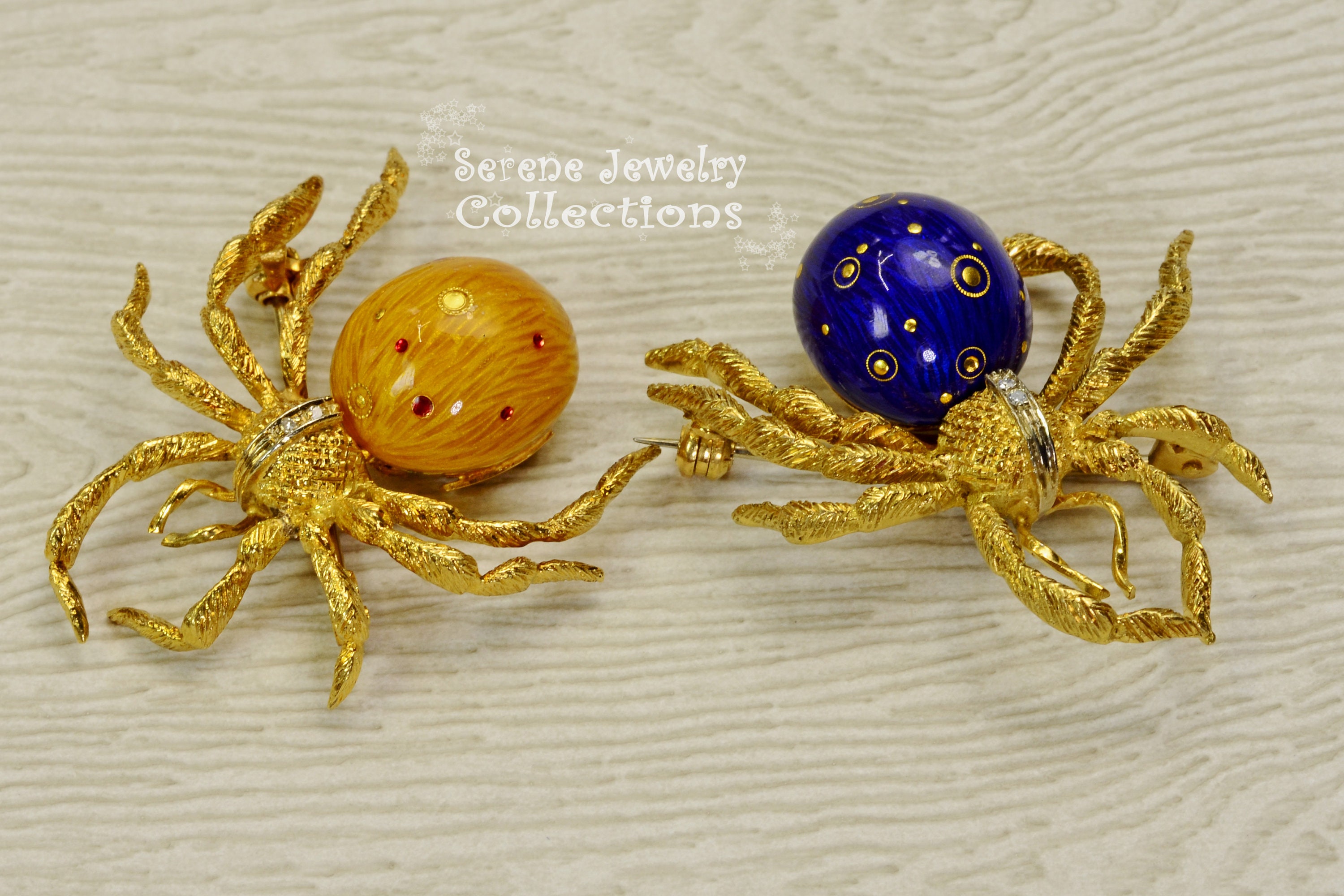 Diamond 18k Solid Gold Blue and Yellow Enamel Spider Brooches - Etsy