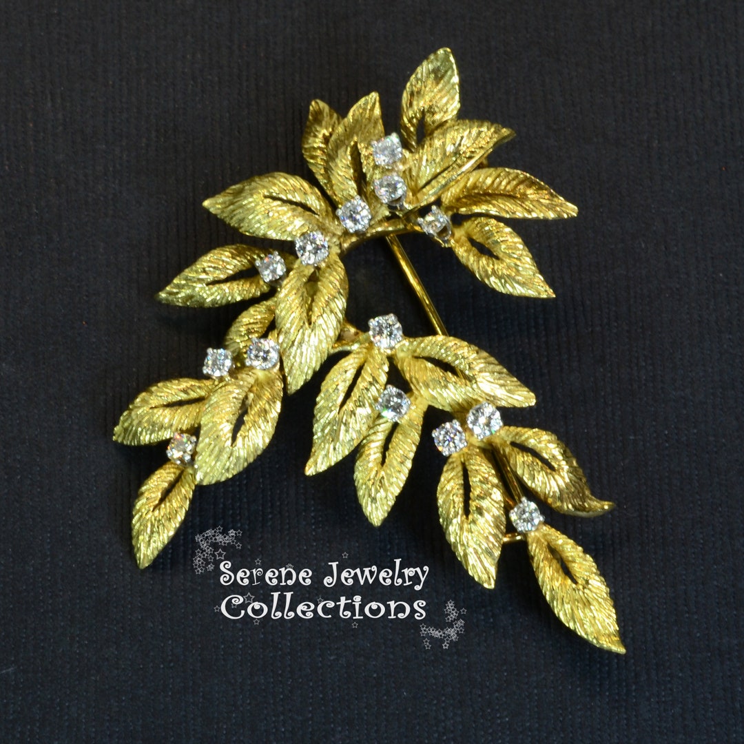Diamond 18k Yellow Gold Leaves Brooch Vintage - Etsy