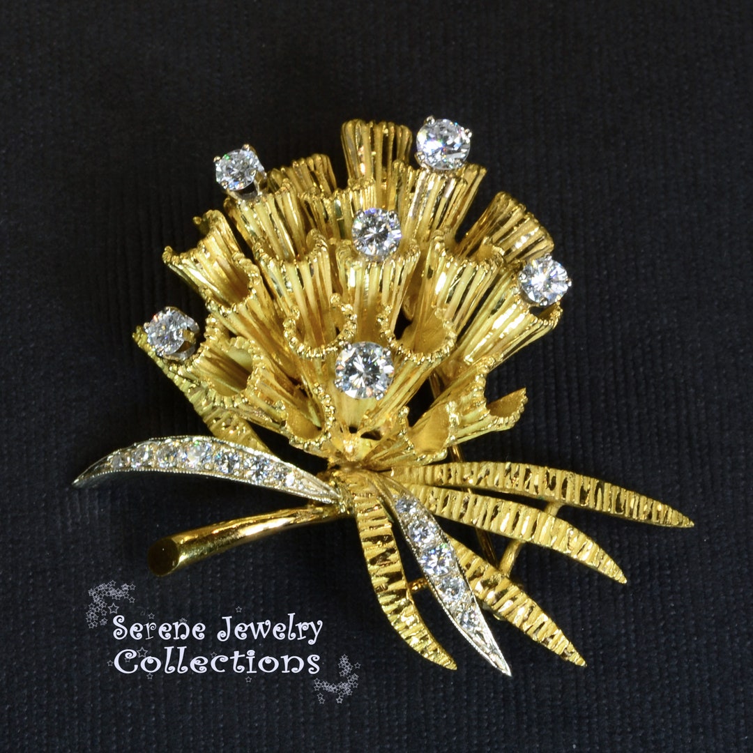 Diamond 18k Yellow Gold Flower Bouquet Brooch Vintage - Etsy