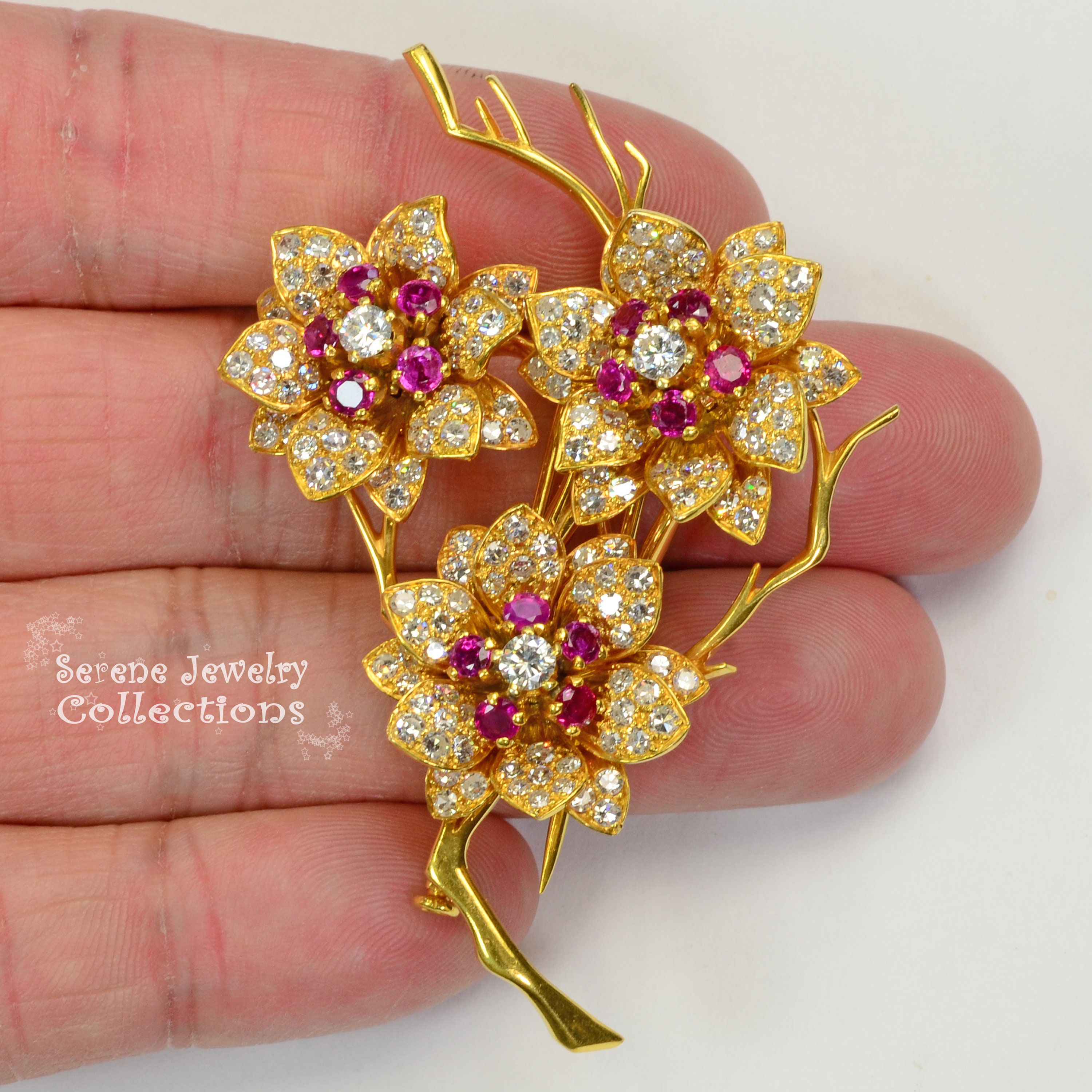 Ruby Diamond 18k Solid Gold Flowers Brooch Vintage - Etsy