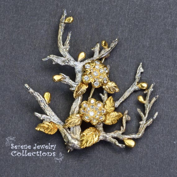 SATSKY Diamond 18k Solid Gold Flowers Branch Brooch V… - Gem