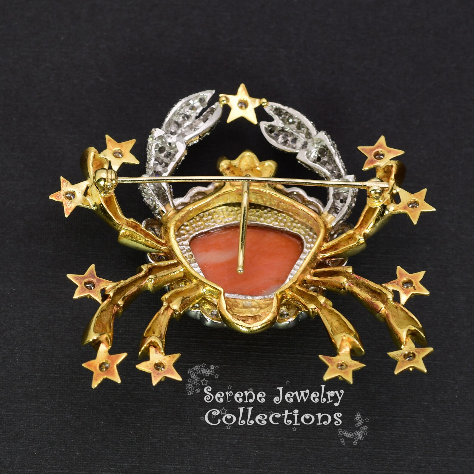 Large Carved Coral Diamond Crab 18k Yellow White Gold Brooch Pin ...