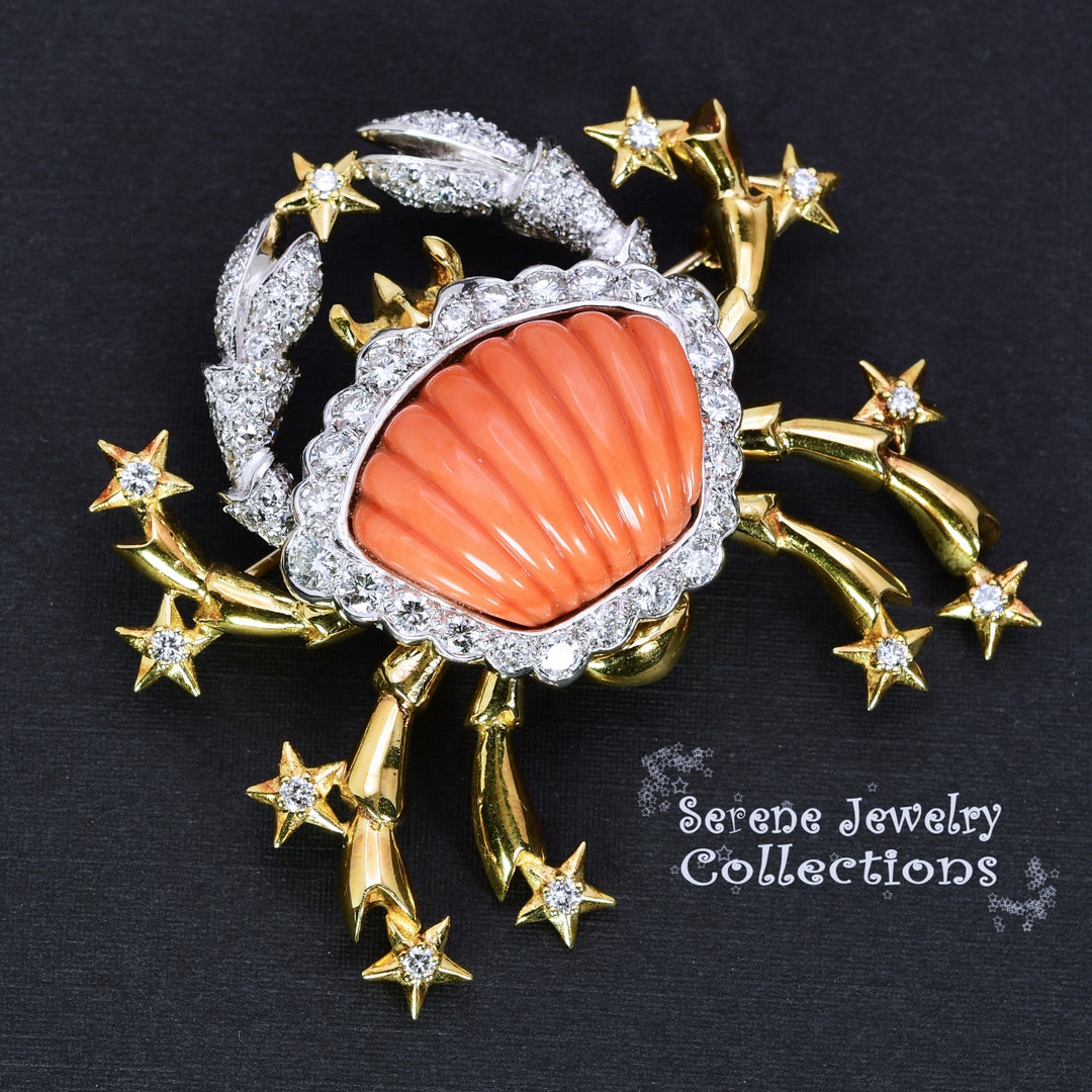 Large Carved Coral Diamond Crab 18k Yellow White Gold Brooch Pin ...
