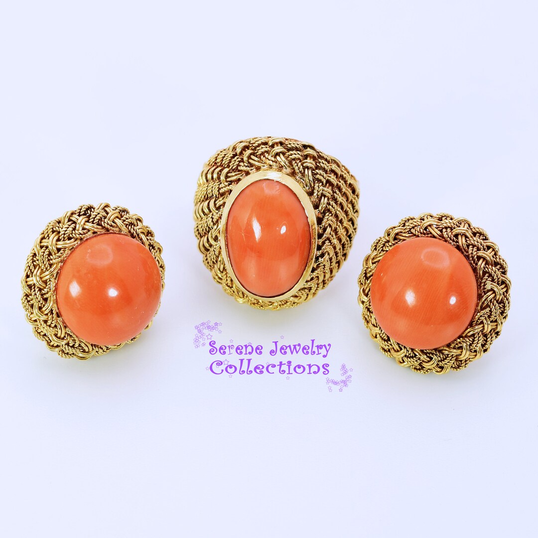 Japanese Momo Coral 18k Yellow Gold Ring Size 5.75 With Matching ...