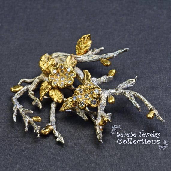 SATSKY Diamond 18k Solid Gold Flowers Branch Brooch V… - Gem