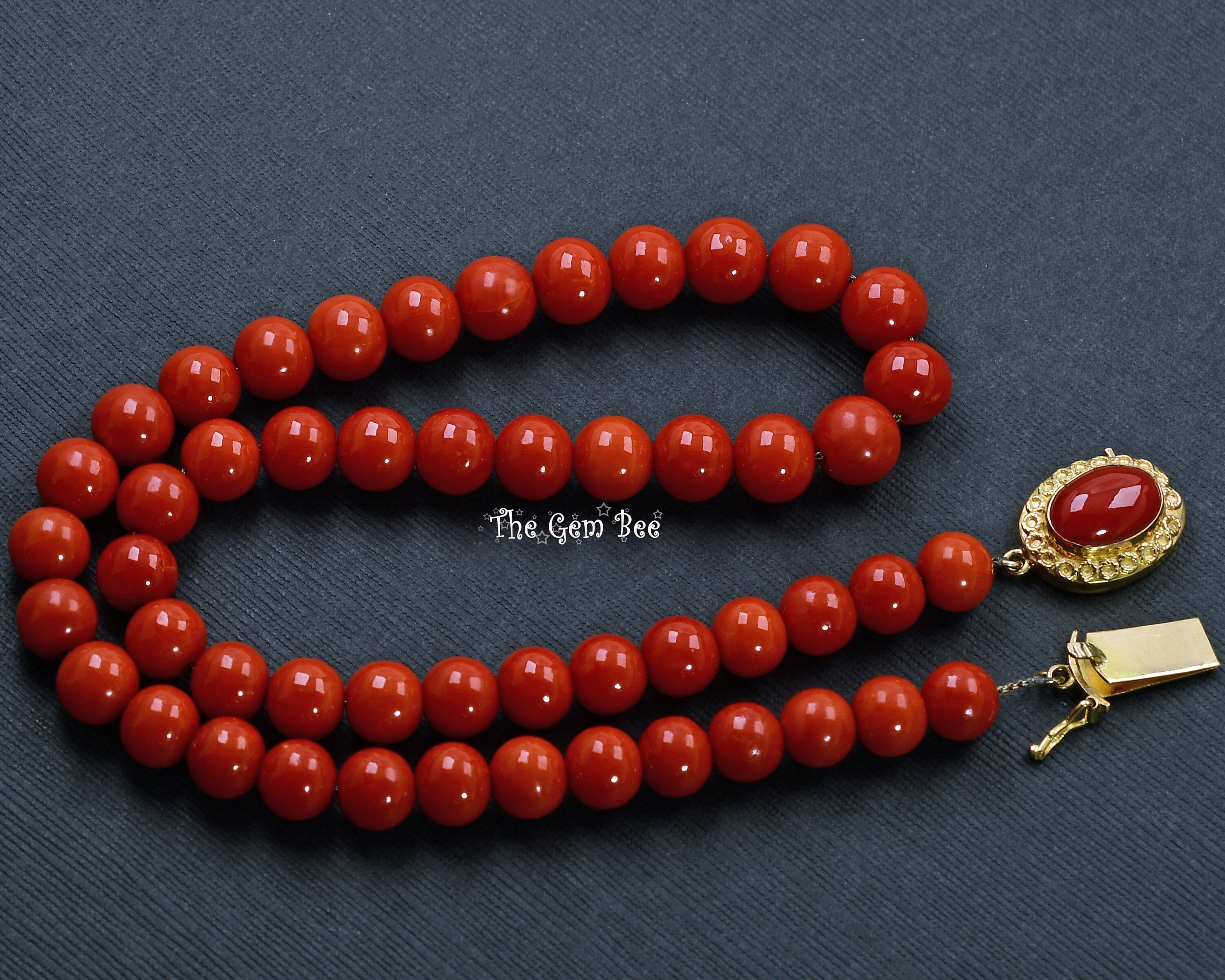 Rare 8.1MM-9MM Sardinia Coral Round Bead 18k Solid Gold Necklace 17 ...