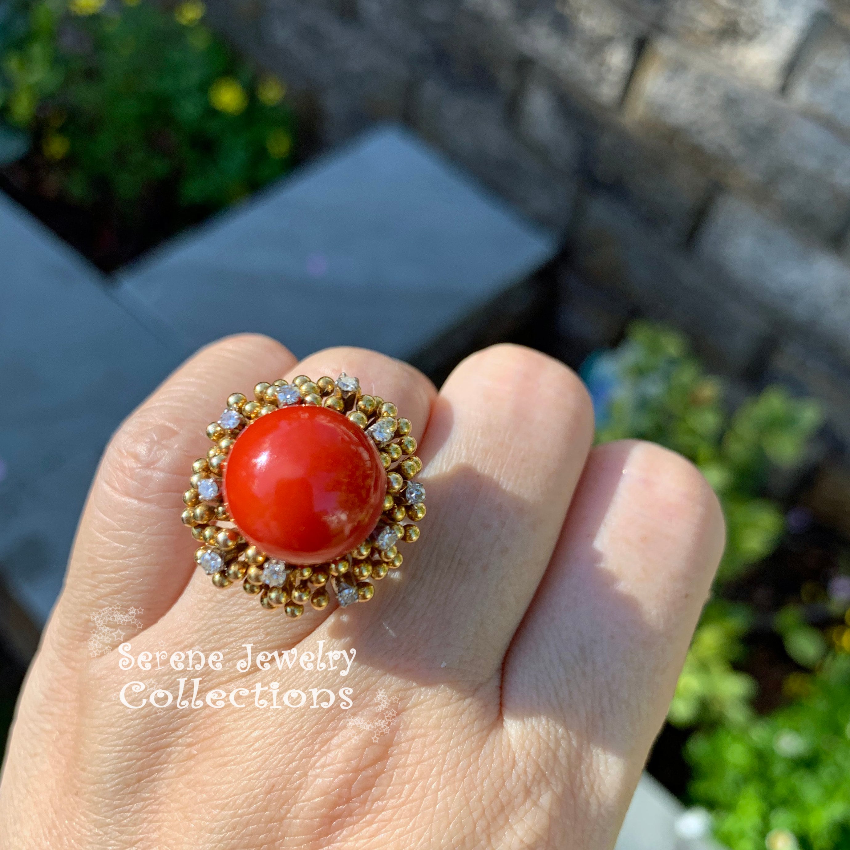 Red Coral Diamond 18k Solid Gold Ring Vintage Ring Size 5 - Etsy