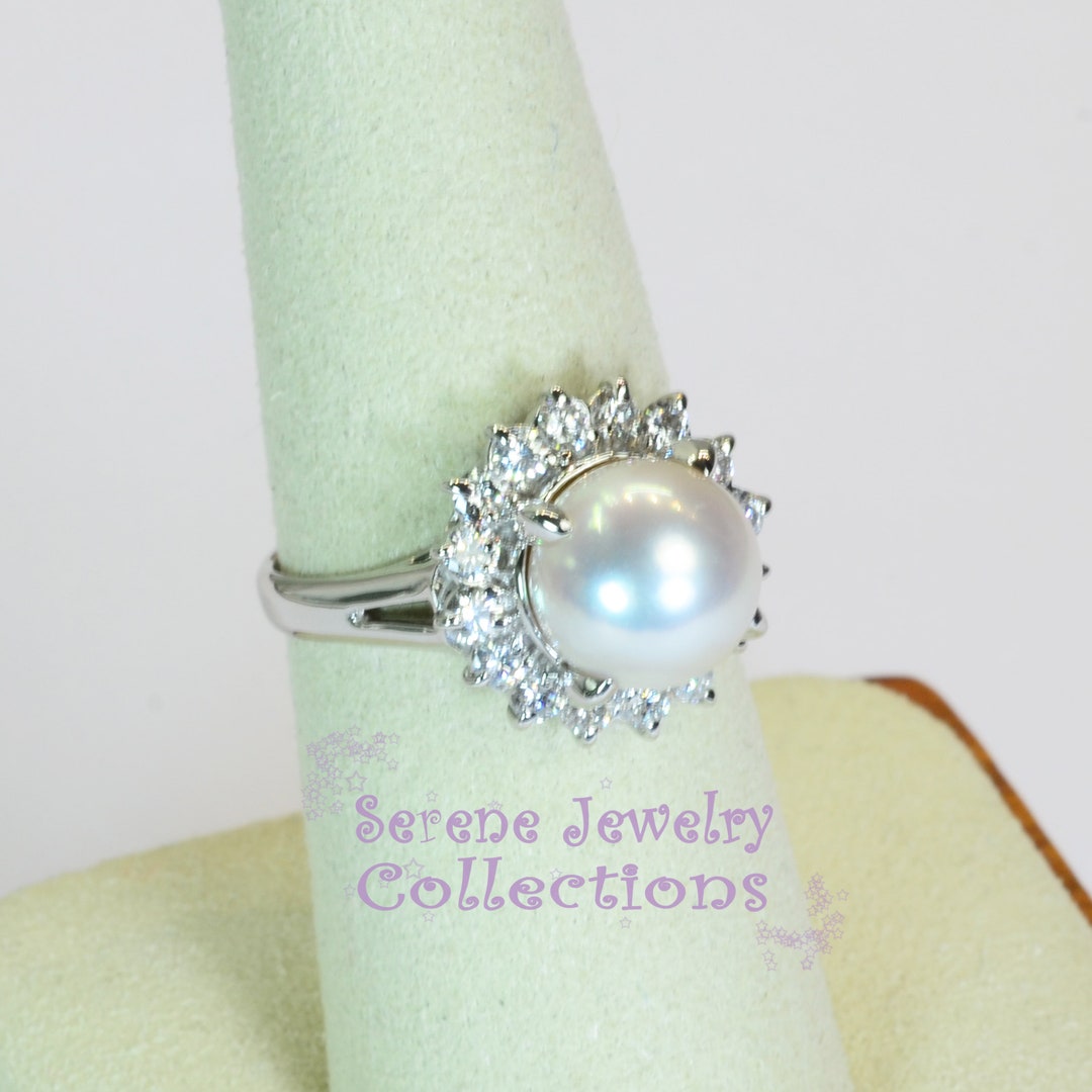 9.2MM Japanese Akoya Pearl Diamond Platinum Ring Vintage Size 6.5 - Etsy