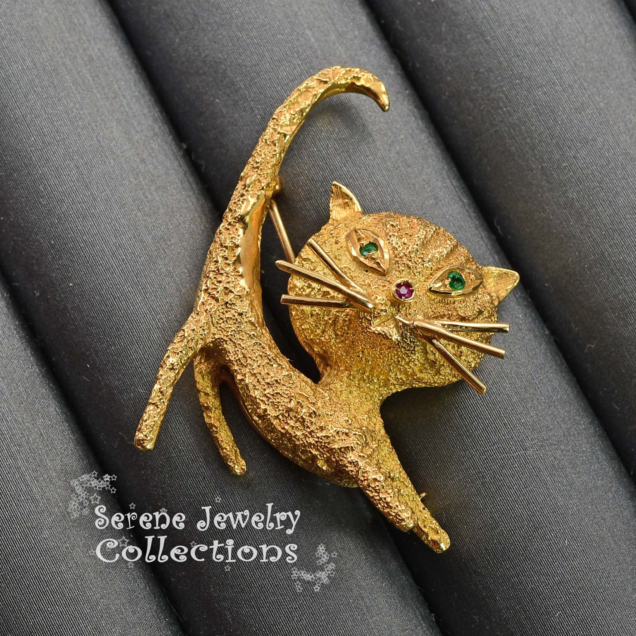 Italian Emerald Ruby 18k Yellow Gold Cat Brooch Vintage - Etsy