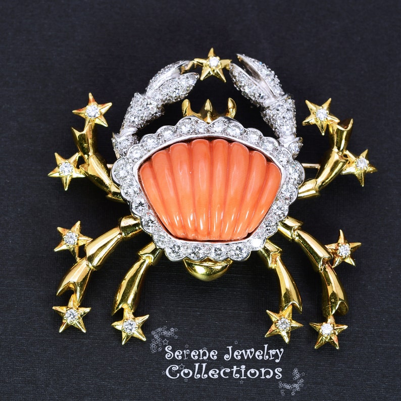 Large Carved Coral Diamond Crab 18k Yellow White Gold Brooch Pin ...