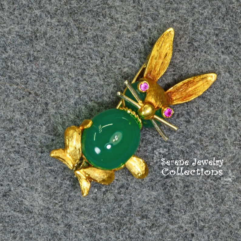 Italian Green Onyx Ruby 18k Yellow Gold Rabbit Bunny Brooch - Etsy