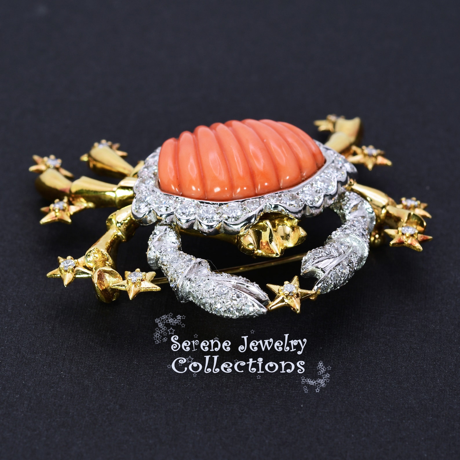 Large Carved Coral Diamond Crab 18k Yellow White Gold Brooch Pin ...