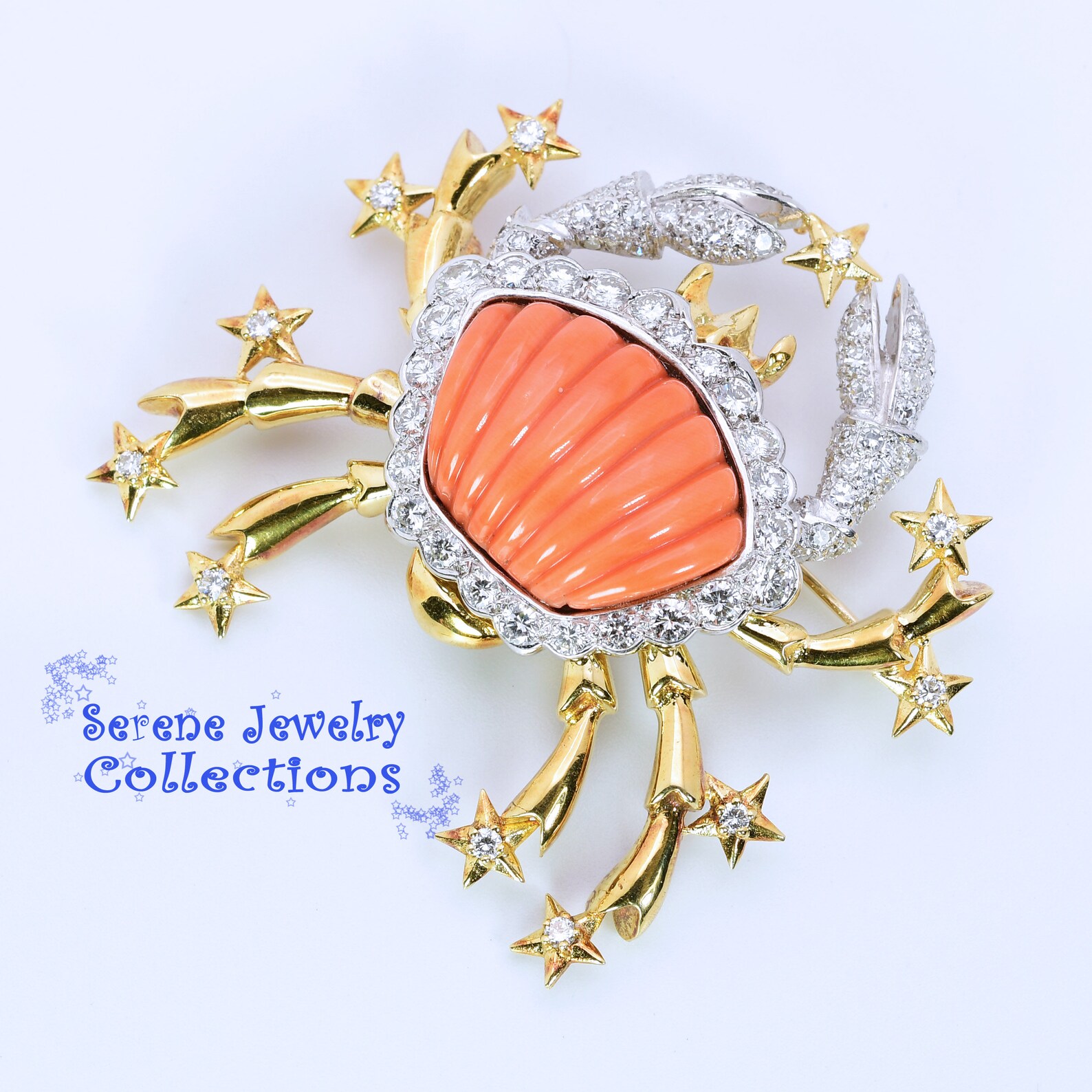 Large Carved Coral Diamond Crab 18k Yellow White Gold Brooch Pin ...