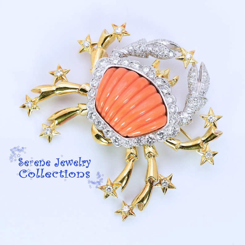 Large Carved Coral Diamond Crab 18k Yellow White Gold Brooch Pin ...