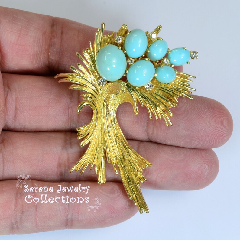 Diamond Turquoise 14k Yellow Gold Bubble Flower Bouquet Brooch Vintage ...