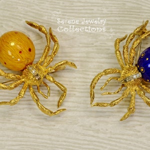 Diamond 18k Solid Gold Blue and Yellow Enamel Spider Brooches Vintage ...