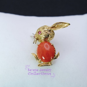 Coral Ruby 18k Yellow Gold Bunny Rabbit Brooch Pin Vintage - Etsy