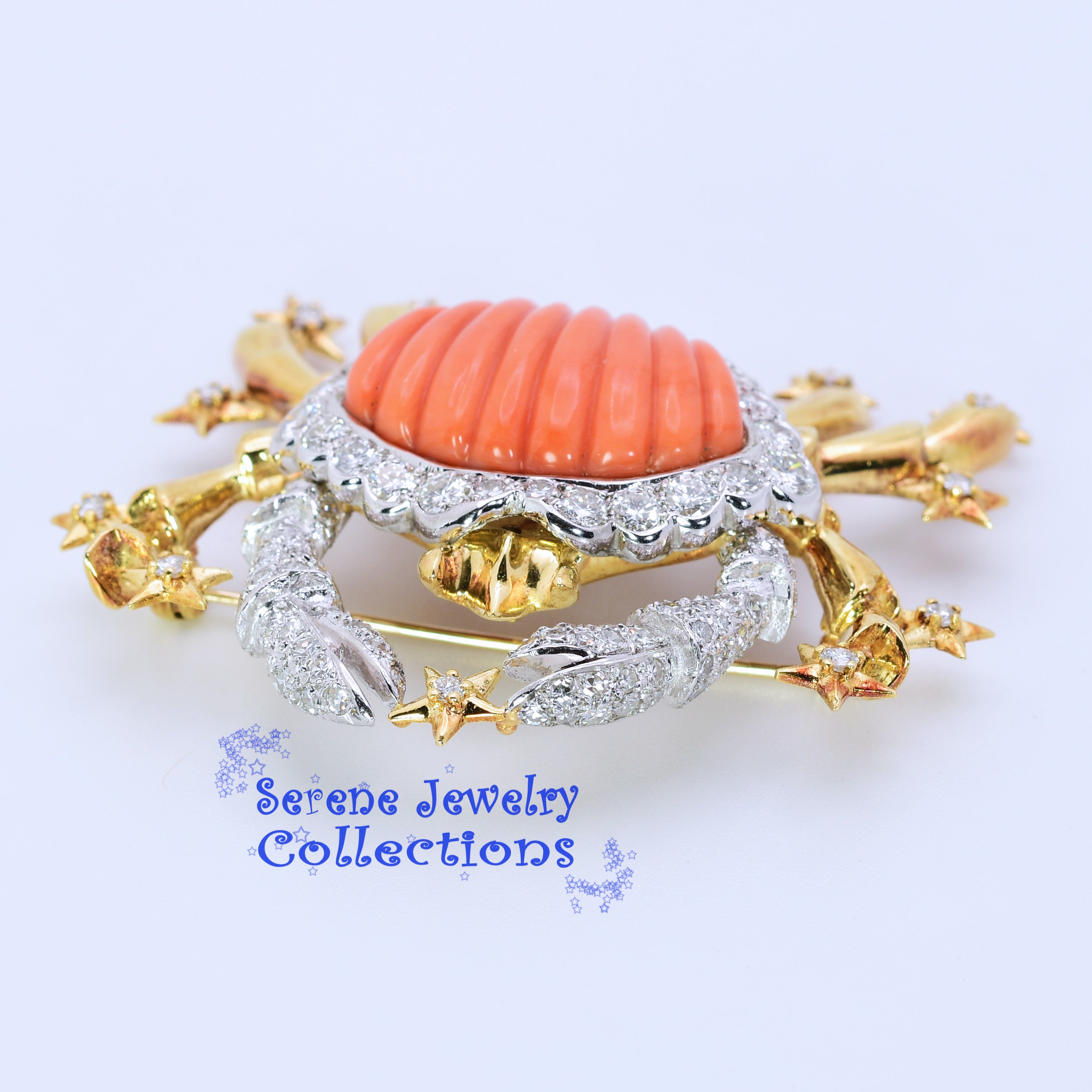 Large Carved Coral Diamond Crab 18k Yellow White Gold Brooch Pin ...