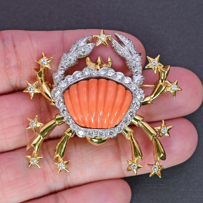Large Carved Coral Diamond Crab 18k Yellow White Gold Brooch Pin ...