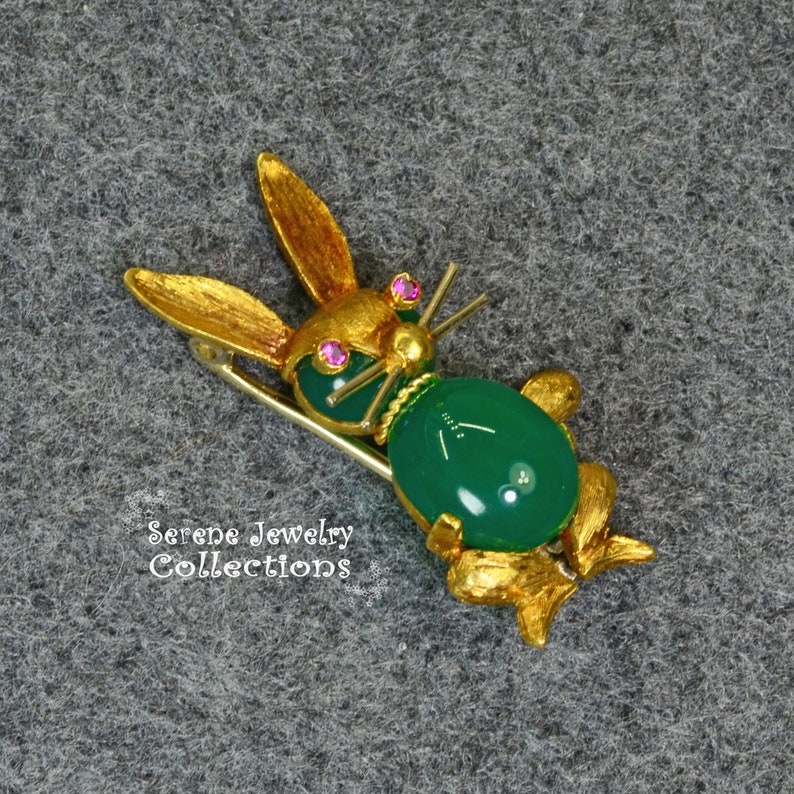 Italian Green Onyx Ruby 18k Yellow Gold Rabbit Bunny Brooch - Etsy