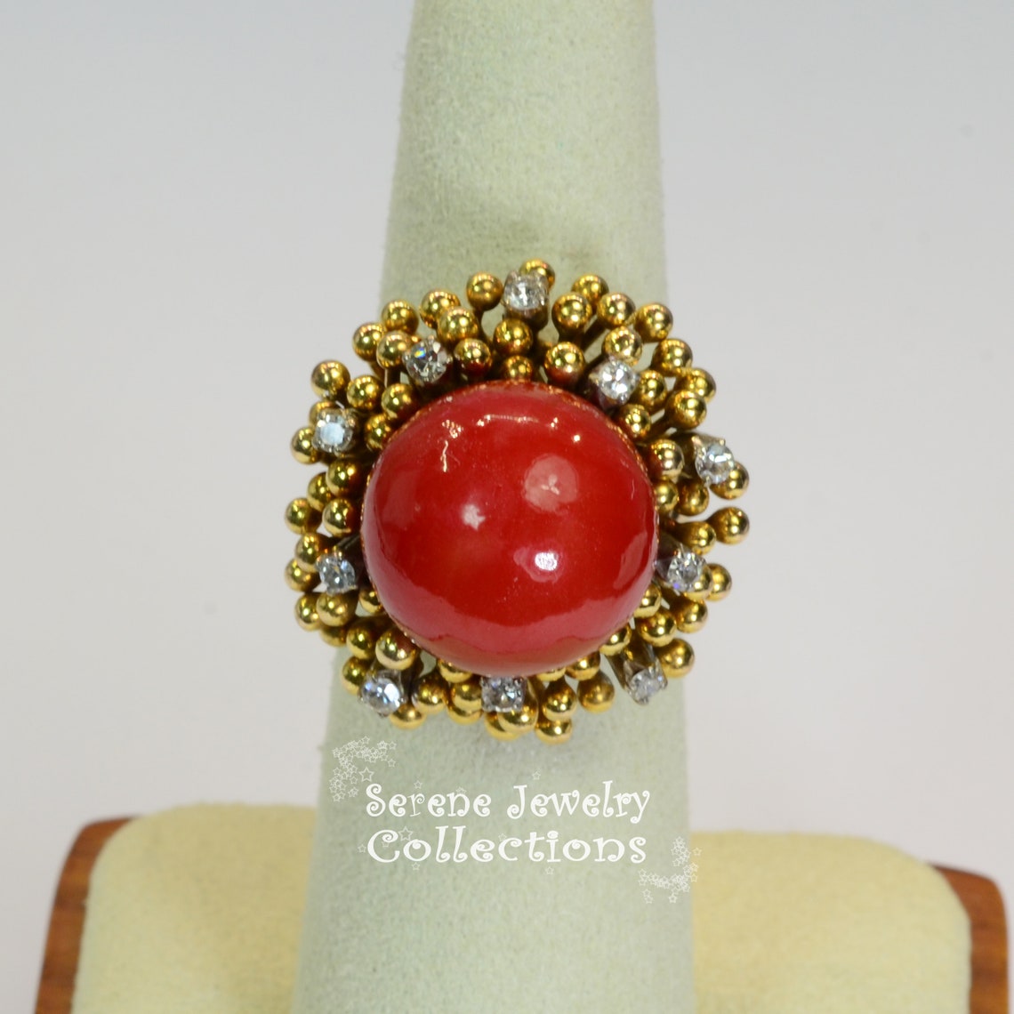Red Coral Diamond 18k Solid Gold Ring Vintage Ring Size 5 - Etsy